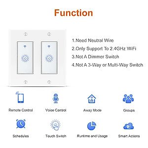 Smart Switch4 Pack, Double Smart Light Switch, Milfra in-Wall WiFi Smart Switch Compatible with Alexa and Google Home, No Hub Required, Neutral Wire Needed,2.4Ghz WiFi only. 4 Pack