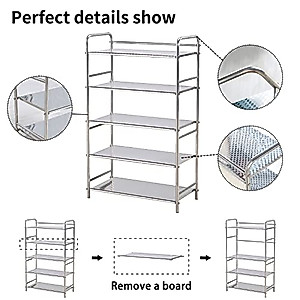 susunnus Stainless Steel Storage Shelf Free Standing Shelf Units Narrow Shoe Rack Slim 5 Tier Shoes Organizer for Entryway, Hallway, Closet, Kitchen, Bathroom (Sliver)