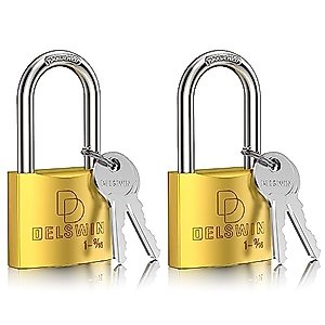 DELSWIN Brass Padlock with Same Keys - Heavy Duty Solid Brass Locker Lock with 1-4/5 in. Long Shackle, Marine Grade Pad Lock for Outdoor Gate, Fence, Shed (2 Locks with 4 Keys)