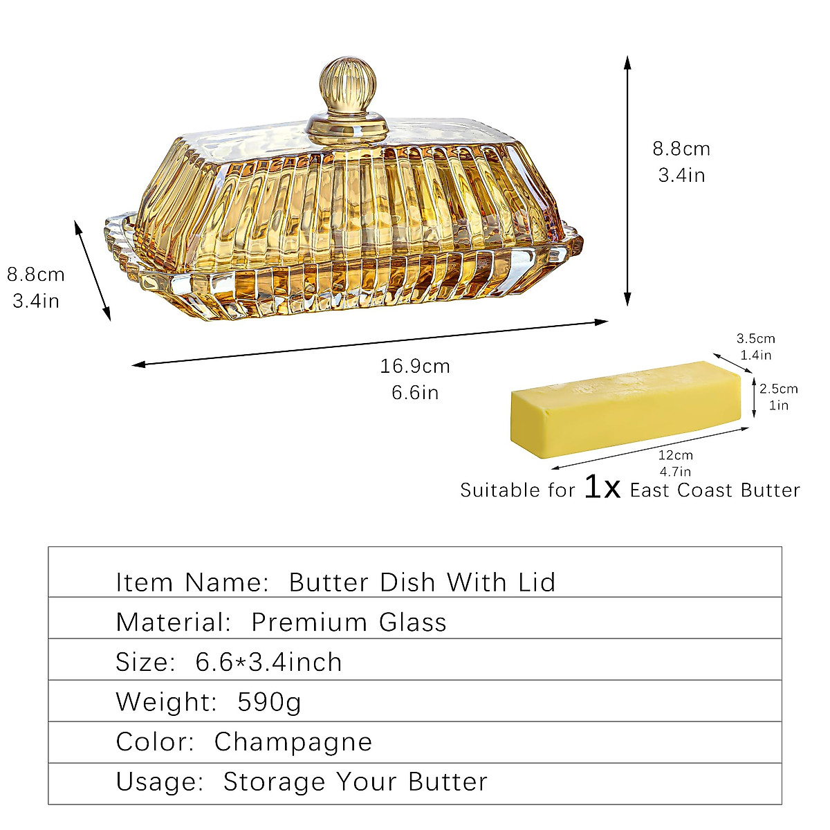 Champagne Covered Butter Dish for Countertop 6.5inch Glass Butter Dish With Lid Elegant Butter Keeper Container For Kitchen Dining Table Decor