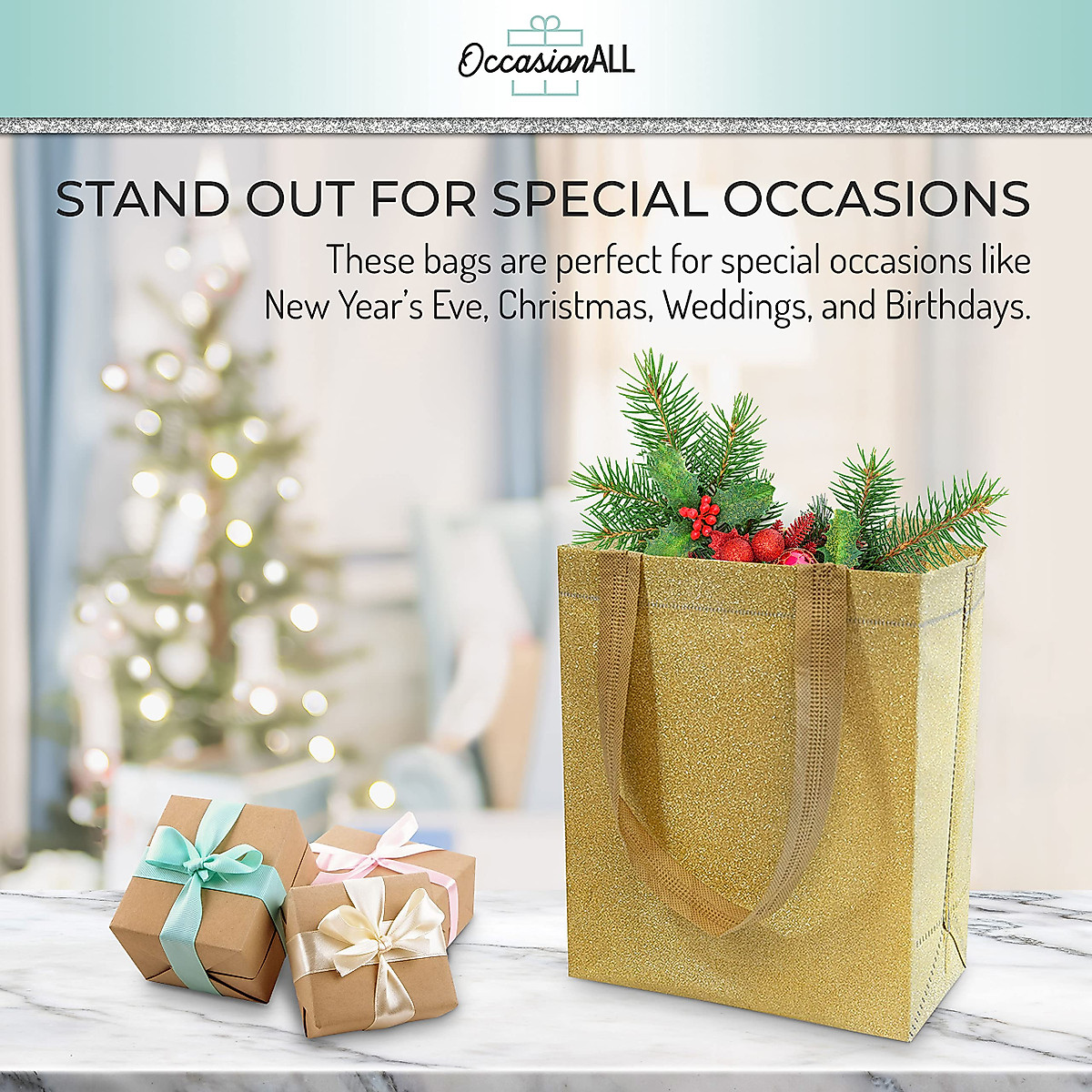 Gold Gift Bags - 12 Pack Medium Reusable Gift Bag Tote with Handles, Holographic Glitter Design, Eco Friendly for Christmas & Holiday Gifts, Birthday, Wedding & Party Favors, in Bulk - 8x4x10