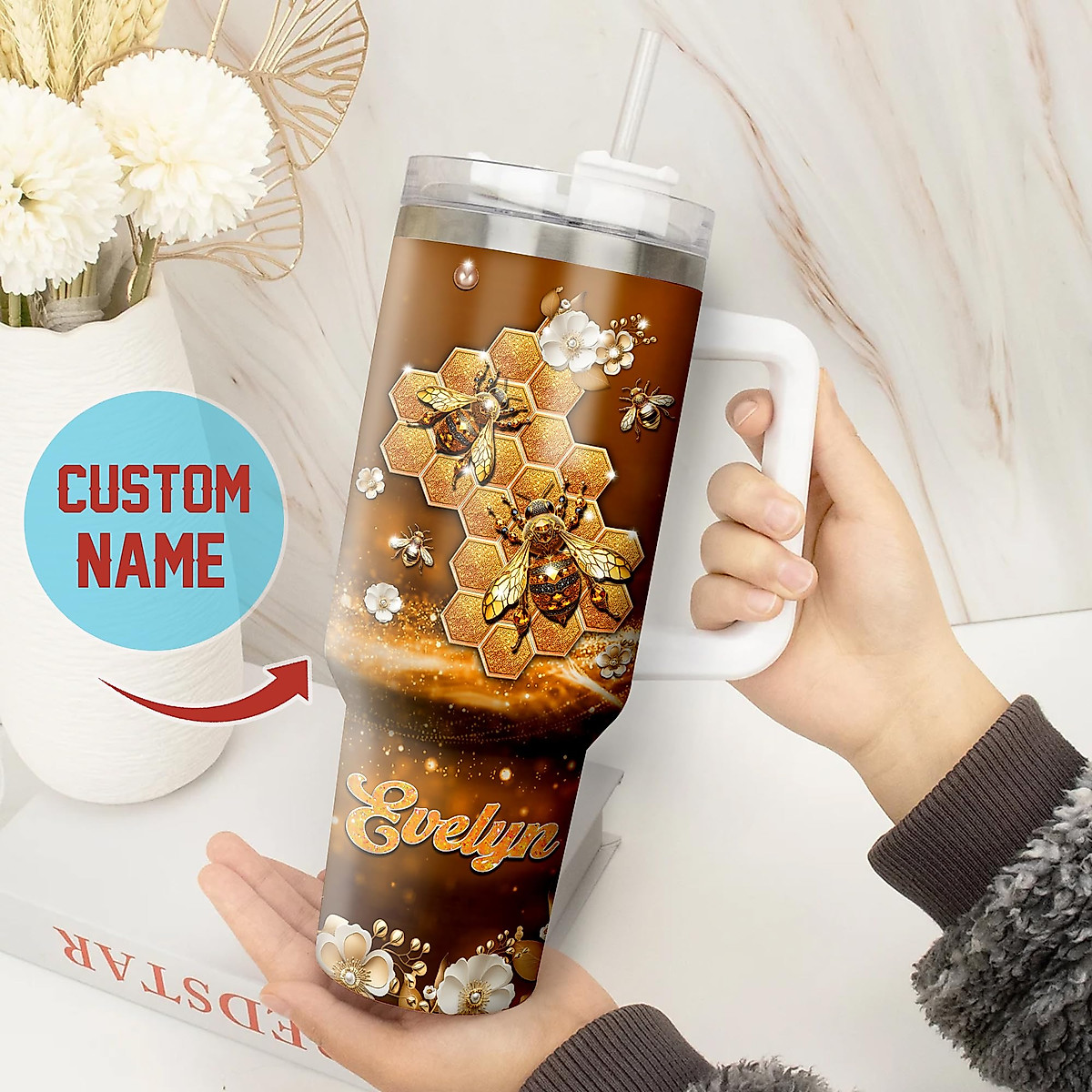 WAZONE Personalized Kind Words Are Like Honey Bee Tumbler Sayings Motivational Customized Name Tumbler 40oz with Handle and Straw Stainless Steel Travel Mug Ideas Gifts Things for Animal Lovers