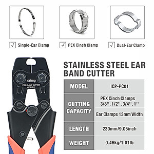 iCrimp ICP-PC01 PEX Cinch Clamp Removal Tool for Removing 3/8-in, 1/2-in, 3/4-in, 1-in ASTM F2098 Stainless Steel Pinch Clamps and up to 13mm Wide Ear Clamps, Hand Clamp Cutter