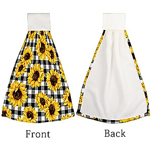 Sunflower Hanging Kitchen Towel Hand Towels 2 pcs Tie Loop Black White Plaid for Washcloth Absorbent Soft for Bathroom Restroom