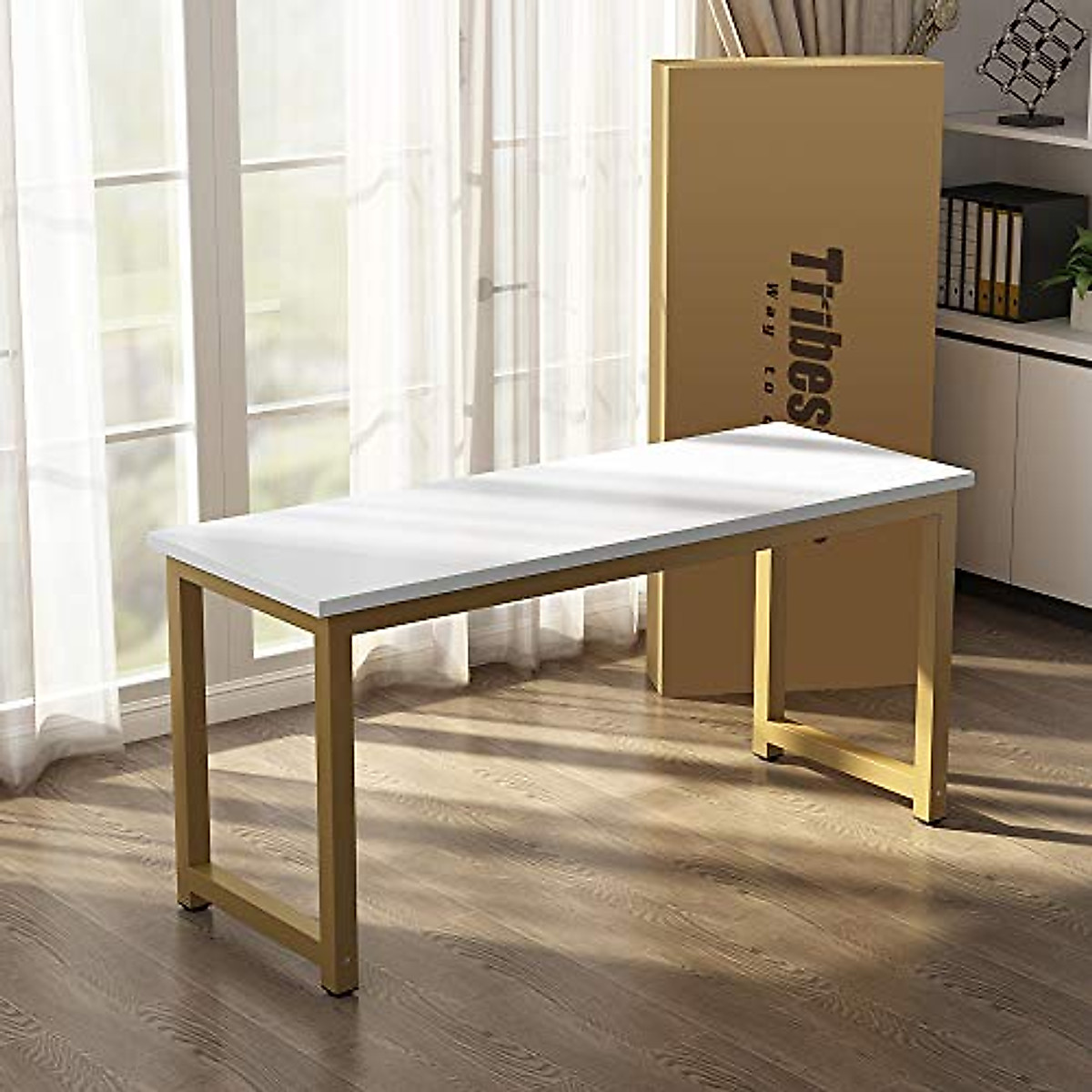 Tribesigns Computer Desk, Large Office Desk, Study Writing Table for Home Office, Easy Assemble, White Gold, 65 X 23.6 inch