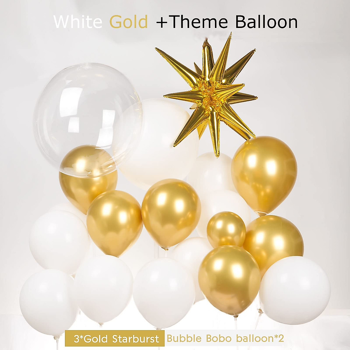 White and Gold Balloon garland kit 145Pcs Chrome Gold and matte white Bobo starburst balloon arch for Bride to be Birthday Party Baby shower Decorations