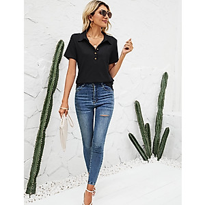 TFSDOD Womens Casual Polo T Shirts V Neck Short Sleeve Button Down Business Casual Tops Loose Work Blouses Black S