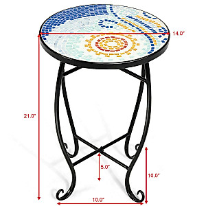 Modern Outdoor Indoor Round Accent Table Plant Stand Scheme Garden Steel Ocean Inlaid Glass Mosaic Top Patio Piece, Plant Stand