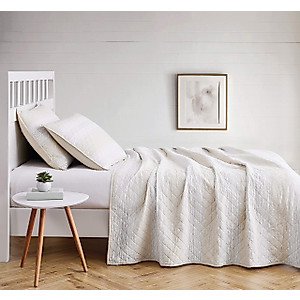 Cottage Classics 3-Piece 100% Cotton Face Quilt and Sham Set Farmhouse Style Textured Horizontal Stripe, Full/Queen, Tan