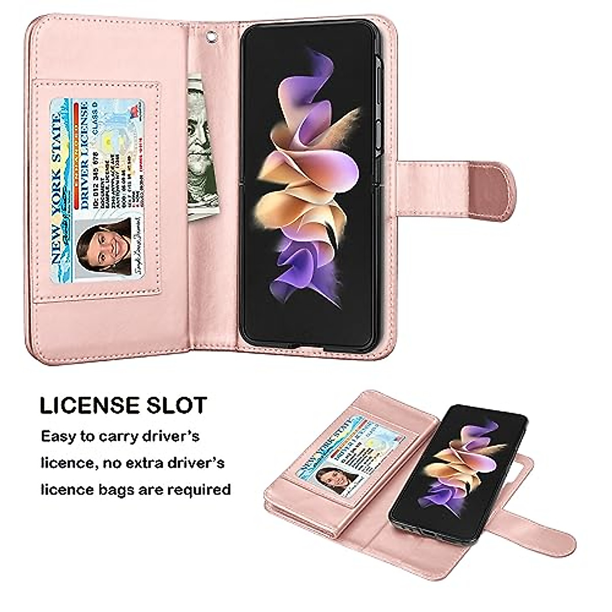 NJJEX Galaxy Z Flip 4 5G Case, for Samsung Galaxy Z Flip 4 5G Wallet Case, [9 Card Slots] PU Leather ID Credit Holder Folio Flip [Detachable] Kickstand Magnetic Phone Cover & Lanyard [Marble Pink]