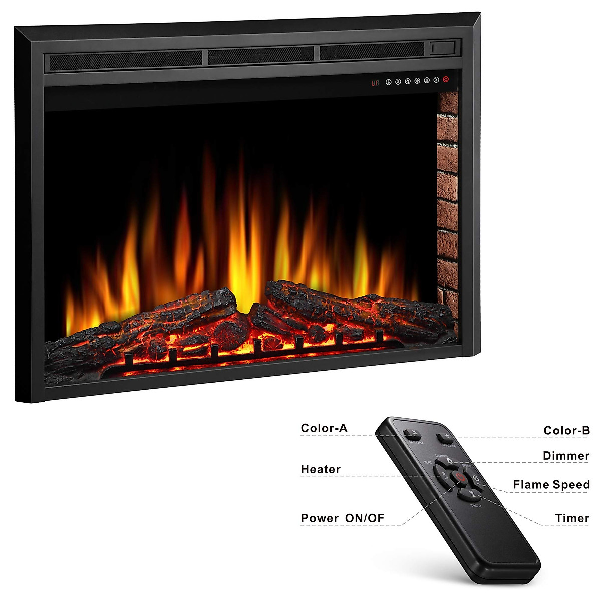 Joy Pebble 39 Inch Electric Fireplace Insert,750W/1500W Recessed Electric Fireplace Heater,Adjustable 5 Flame Color & 5 Burning logs Color,Electric Fireplace with Remote Control&Overheat Protection