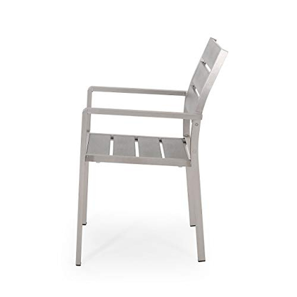 Belle Outdoor Modern Aluminum Dining Chair with Faux Wood Seat (Set of 2), Gray and Silver