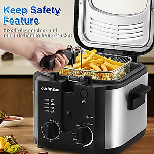CUSIMAX Electric Deep Fryer for Home Use, 1500W, 2.5 Liter Small Deep Fryer with Basket, Adjustable Temperature & Time, Lid with View Window and Odor Free Filter