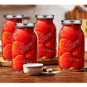 Regular Mouth Mason Jars 32 oz - (4 Pack) - Ball Regular Mouth Quart 32-Ounces Mason Jars With Airtight lids and Bands - For Canning, Fermenting, Pickling, Freezing, Storage + M.E.M Rubber Jar Opener