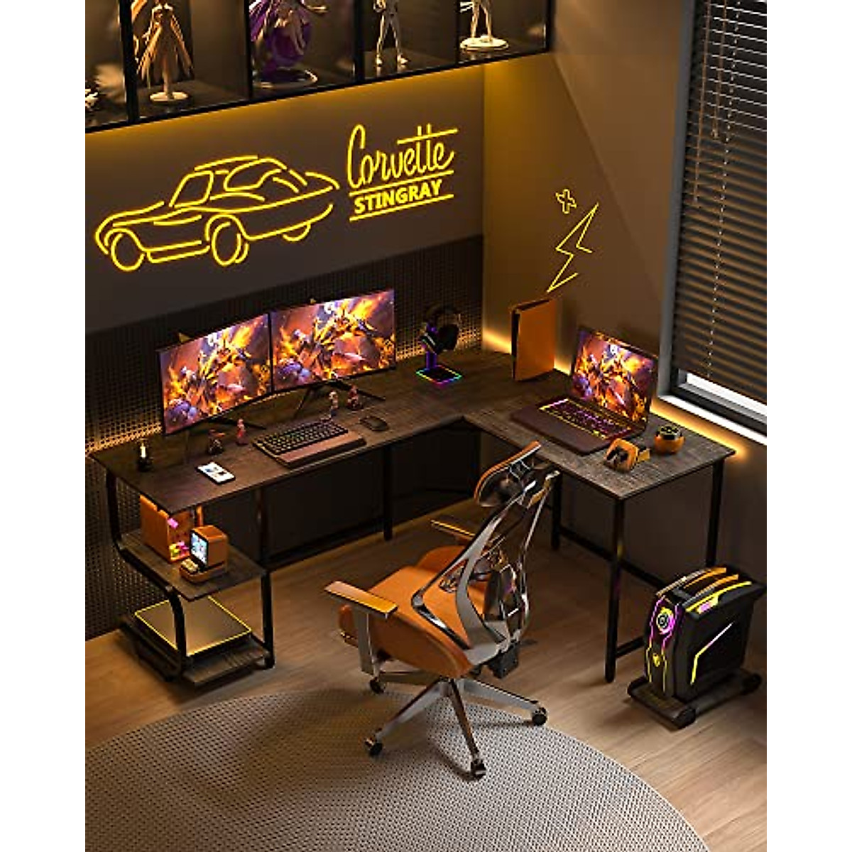 Teraves 64.84" Modern L Shaped Desk with Shelves and 69 inch Reversible L Shaped Corner Gaming Desk with Storage Shelves