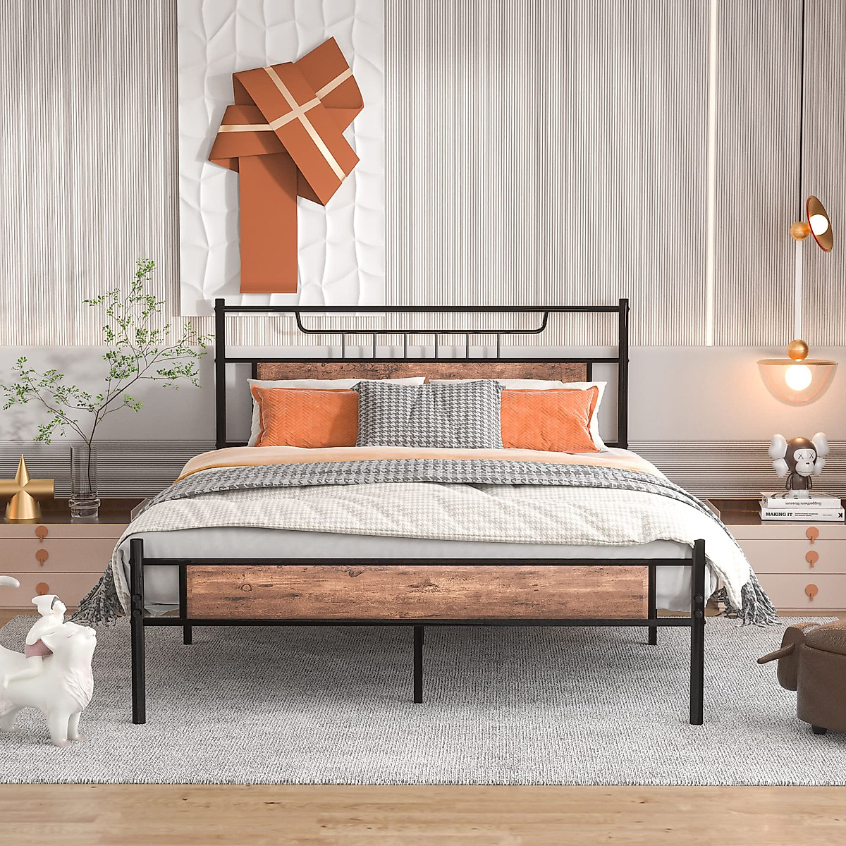 VECELO Queen Size Bed Frame with Wood Headboard, Strong Metal Slats Support for Platform,No Box Spring Needed,Easy Assembly,Rustic Brown