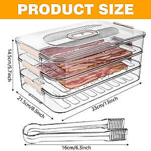 Deli Meat Container for Fridge, 3-Layer Lunch Meat Container for Refrigerator, BPA-Free Stackable Food Storage Boxes, Bacon Keeper Fridge Organization with 2 Pcs Serving Tongs for Bacon Ham Cheese