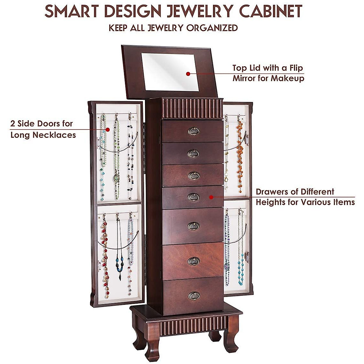 Hysache Jewelry Cabinet, Freestanding Jewelry Armoire Storage Chest w/ 7 Drawers, 2 Swing Doors, 12 Necklace Hooks, Large Capacity Wooden Jewellery Box Organizer for Bedroom Living Room