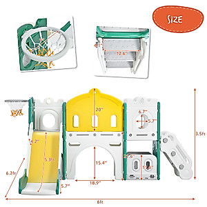Merax 6-in-1 Kids Slide with Climber, Basketball Hoop, Tunnel and Storage Space, Outdoor Indoor Slide Playset for Toddlers Age 1+
