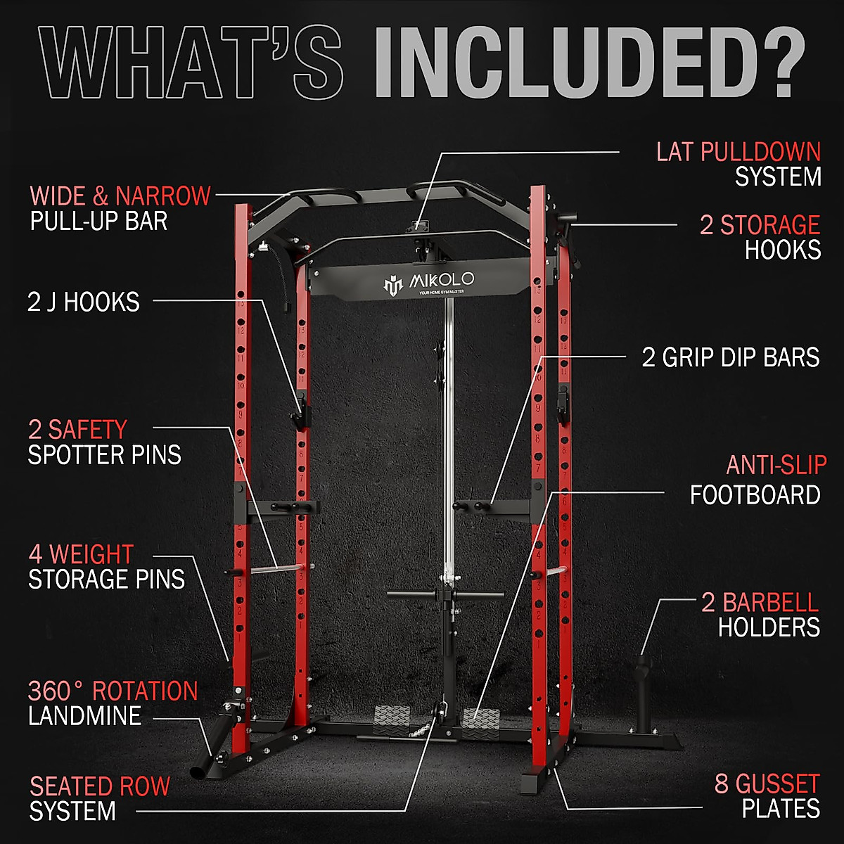 Mikolo Power Cage, Power Rack with LAT Pulldown, 1200 Pounds Capacity Workout Cage with More Training Attachments, Garage & Home Gym Package (Red)