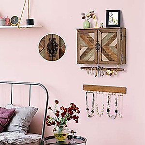 Sunix Wooden Jewelry Organizer Wall Mounted Rustic Jewelry Holder with Wooden Barn Door for Necklaces Earrings Bracelets Ring, and Removable Bracelet Rod with Hooks Organizer for Hanging Jewelry