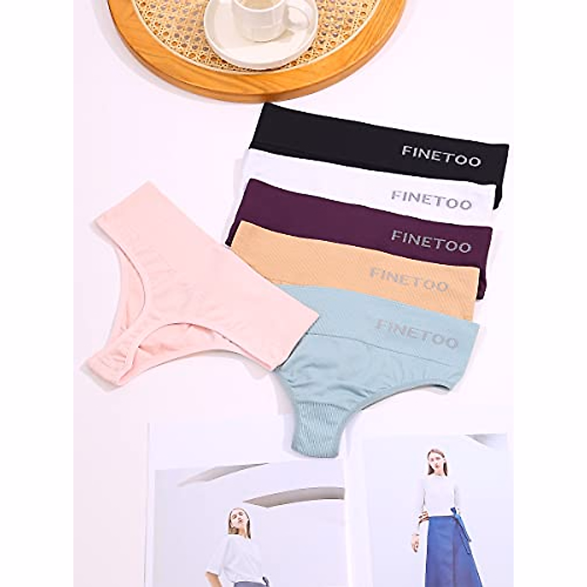 FINETOO 6 Pack High Waisted Thongs for Women, Nylon Spandex Panties Breathable Soft Stretchy Underwear High Rise S-XL (L)