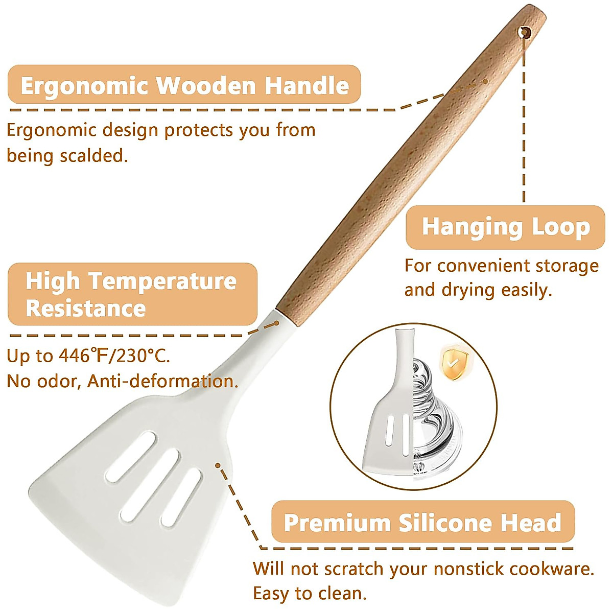 IOCBYHZ Silicone Kitchen Utensils Set of 5, Cooking Utensils Set with Heat Resistant Wooden Handle Non-Stick Silicone Spatula Spoon Turner Ladle Set, BPA FREE Kitchen Gadgets Utensil Set for Cookware