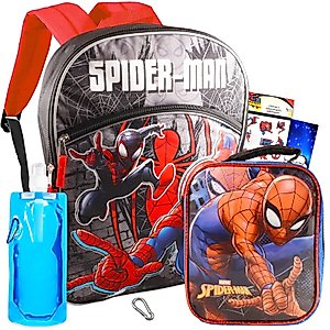 Fast Forward Spiderman Backpack and Lunch Box for Kids - 6 Pc Bundle with 16" Marvel Spiderman School Backpack Bag, Lunch Bag, Water Pouch, Stickers, and More (Spiderman School Supplies)