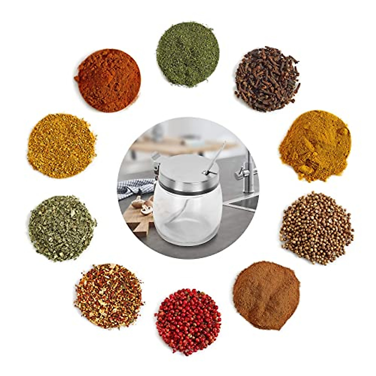 only fire Condiment Jar Spice Container with Lids, Stainless Steel Serving Spoons, Base Rack and Labels - Glass Seasoning Bottles Kitchen Accessories | Set of 3