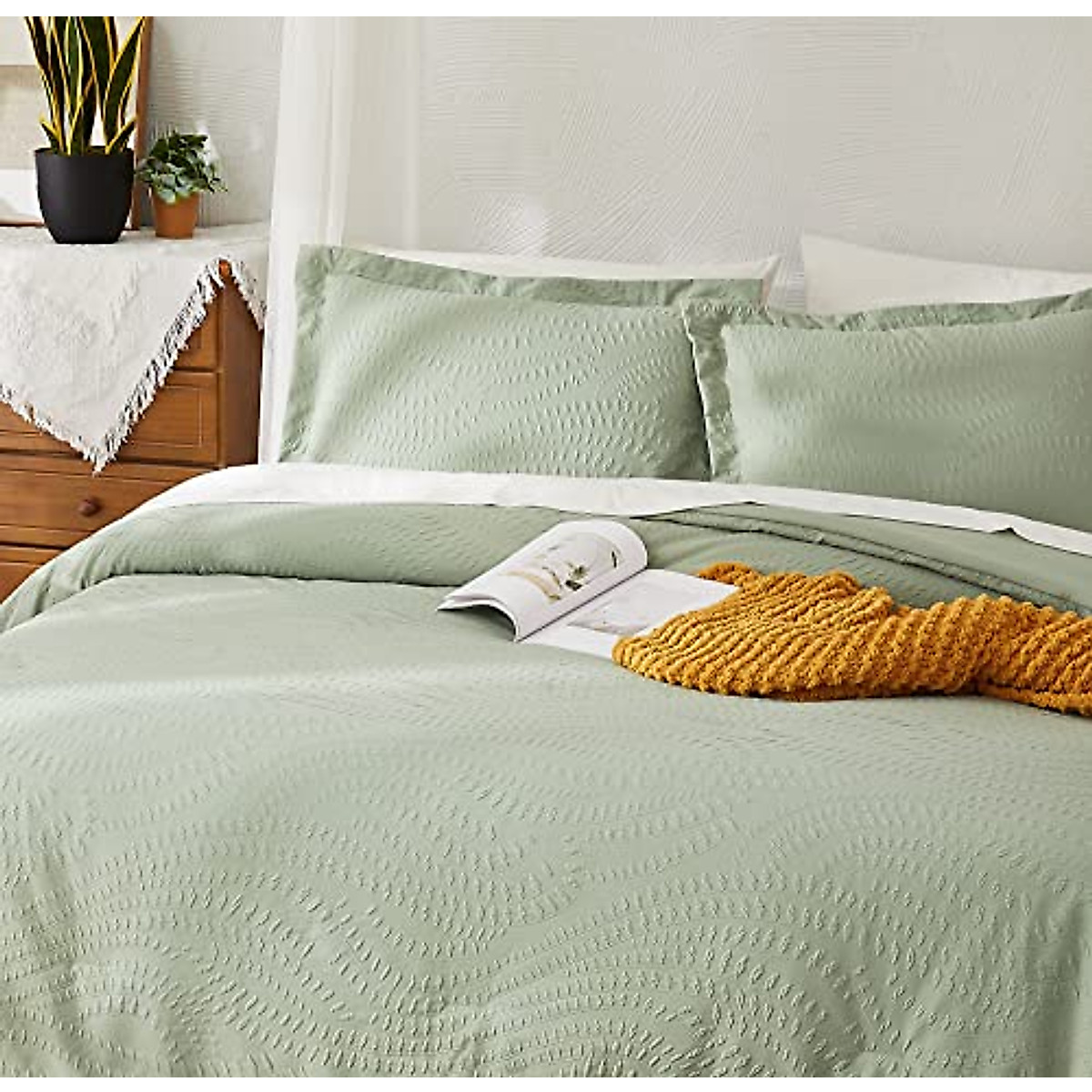 Geniospin Full Comforter Set, Bed in a Bag Sage Green Bedding Sets 7-Pieces, Botanical Pattern, All Season Comfortable Seersucker Bedding with Comforter, Sheets, Pillowcase & Shams(Full,80"x90")