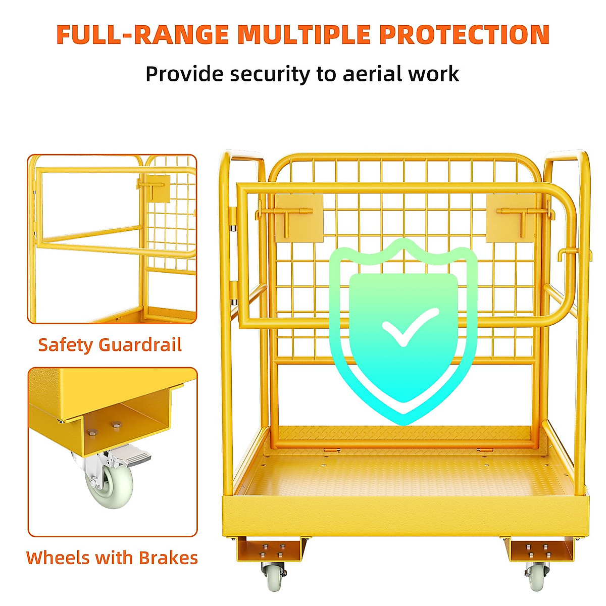 Forklift Safety Cage 36x36 Inches 1200LBS Capacity with 4 Wheels Forklift Work Platform Aerial Platform Collapsible Lift Basket Aerial Rails for Lifting Loader