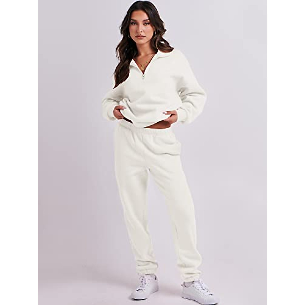 Prinbara Women's 2023 Fall Fashion Outfits 2 Piece Sweatsuit Solid Color Long Sleeve Pullover Long Pants Tracksuit 7PA76-baise-L