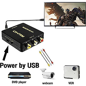 RCA to HDMI, AV to HDMI 1080P Converter , Golden Port Video Converter Composite CVBS Audio Video Adapter for PS2 Wii Xbox VHS VCR Camera DVD Players, Wii, Wii U, Support PAL/NTSC with USB Charge Cable