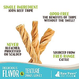 Raw Paws Beef Tripe Twists for Dogs - 5 inch, 5-Pack - Packed in USA - Free-Range Green Tripe Sticks for Dogs - Odor-Free, Crunchy Tripe Dog Treats - All-Natural Green Beef Tripe Sticks Chews