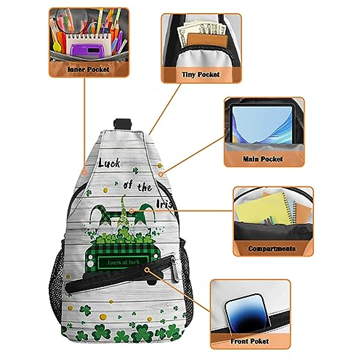 Gsypo Sling Backpack, St. Patrick's Day Luck of The Irish Truck Shamrock and Dwarf Wood Waterproof Lightweight Small Sling Bag, Travel Chest Bag Crossbody Shoulder Bag Hiking Daypack for Women Men