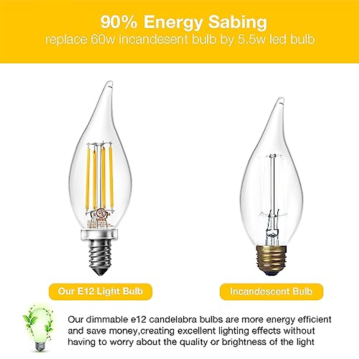 DAYBETTER E12 Candelabra Light Bulbs 60 Watt Equivalent, Dimmable LED Light Bulb Daylight White 5000K, Clear Filament Chandelier Light Bulbs 5.5W 600lm CA11 LED Bulbs, Ceiling Fan Light Bulbs, 5 Pack