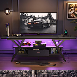 Bestier LED TV Stand with Power Outlets for 70/75/80 inch TV, Gaming Entertainment Center with Storage for PS5, 70 Inch Modern TV Cabinet with Drawers for Living Room, Bedroom, Carbon Fiber Black
