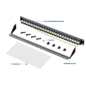 iwillink 10Gbps Patch Panel 24 Port, RJ45 Through Coupler Cat6 Patch Panel, STP Shielded Patch Panel 19-Inch 1U with Back Bar, Wallmount or Rackmount, Compatible with Cat5, Cat5e, Cat6 Cabling