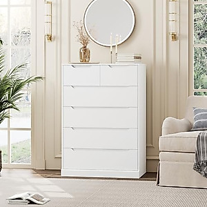 HOSTACK Modern 6 Drawer Dresser for Bedroom, Tall Chest of Drawers with Storage, Large Wood Storage Chest Organizer with Cut-Out Handle, Accent Storage Cabinet for Living Room, Entryway, Classic White