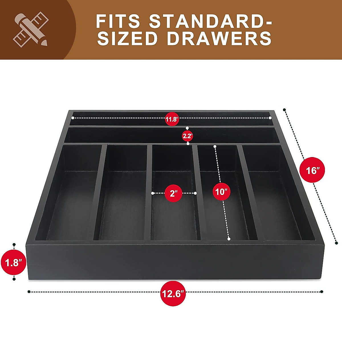 Large Kitchen Utensil Drawer Organizer Wood Silverware Tray Cutlery Bamboo Drawer Organizer 16" x 12.6" Wooden Cutlery Tray Best Flatware Organizer Utensil Tray Black Silverware Drawer Organizer