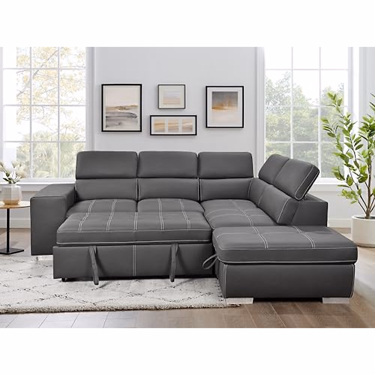 THSUPER 104'' Microfiber Sectional Sleeper Sofa with Pull-Out Bed, Sofa with Chaise & Storage Ottoman. 5 Seater L-Shaped Couch with Adjustable Headrest and Stools. Charcoal Grey