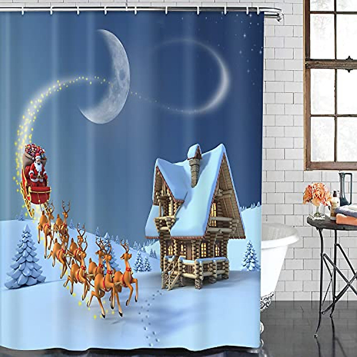 ArtSocket 4 Pcs Shower Curtain Set Christmas Night Scene Santa Claus with Non-Slip Rugs Toilet Lid Cover and Bath Mat Bathroom Decor Set 72" x 72"