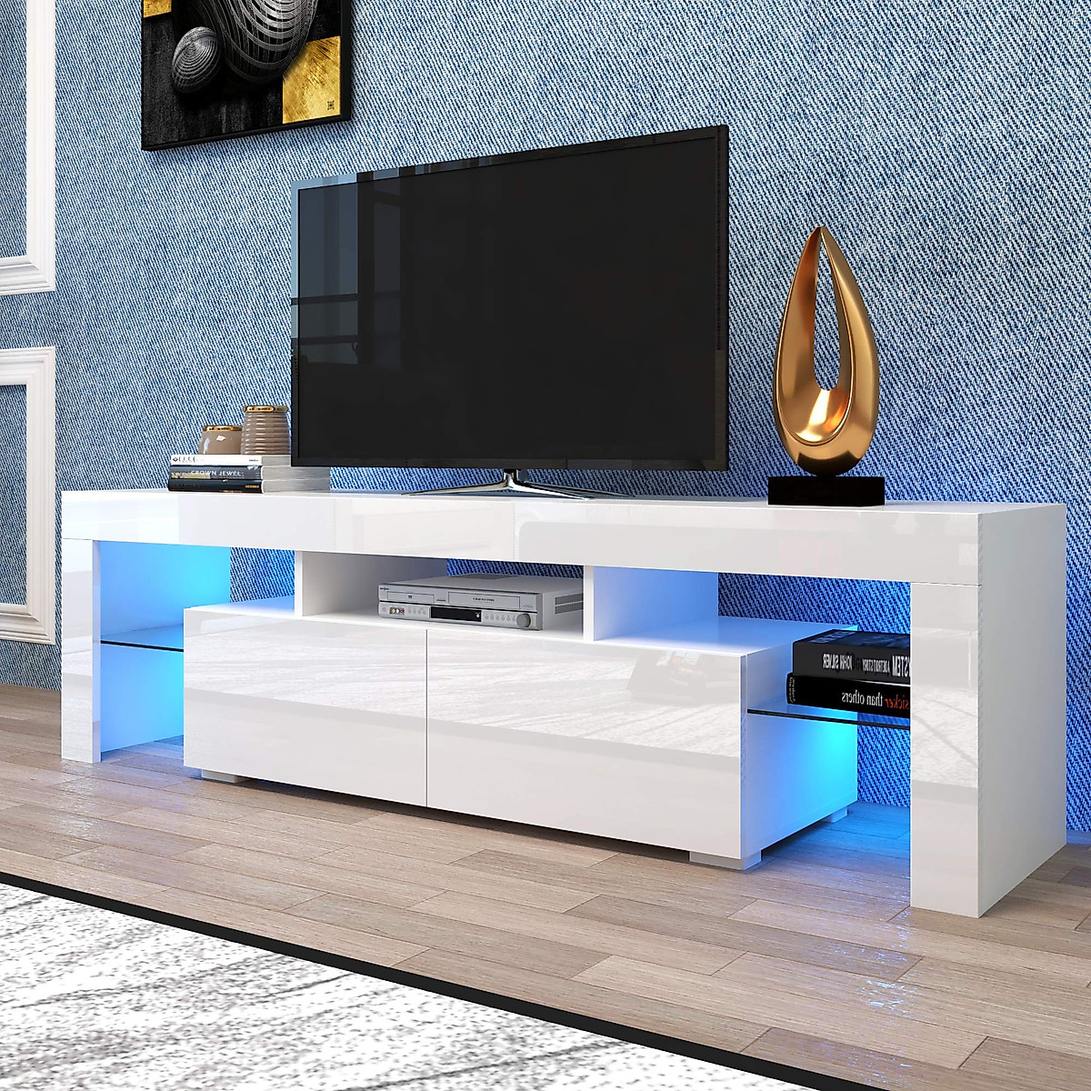 IKIFLY White Stand for 65+ inch TV, Modern LED TV Stand w/16 Colors&Remote Control Lights, High Glossy Cabinet w/Storage&2 Drawer, Entertainment Center for Living Room