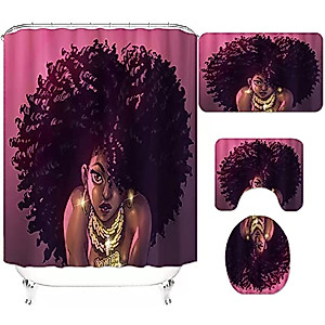 4 Pcs African American Bathroom Shower Curtain Sets with Rugs Lovely Black Girl with Shiny Necklace Shower Curtains with Toilet Lid Cover and Bath Mat Afro Black Girl Bathroom Sets with 12 Hooks