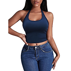 Ekouaer Women Halter Top Backless Scroop Neck Slim Stretchy Ribbed Knit Camisole Crop Tops(Navy,XXL)