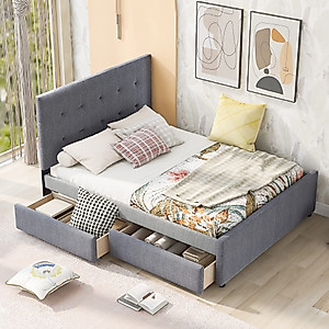 RUNWON Queen Size Linen Upholstered Platform Bed Frame with Headboard and Two Drawers for Bedroom, Grey