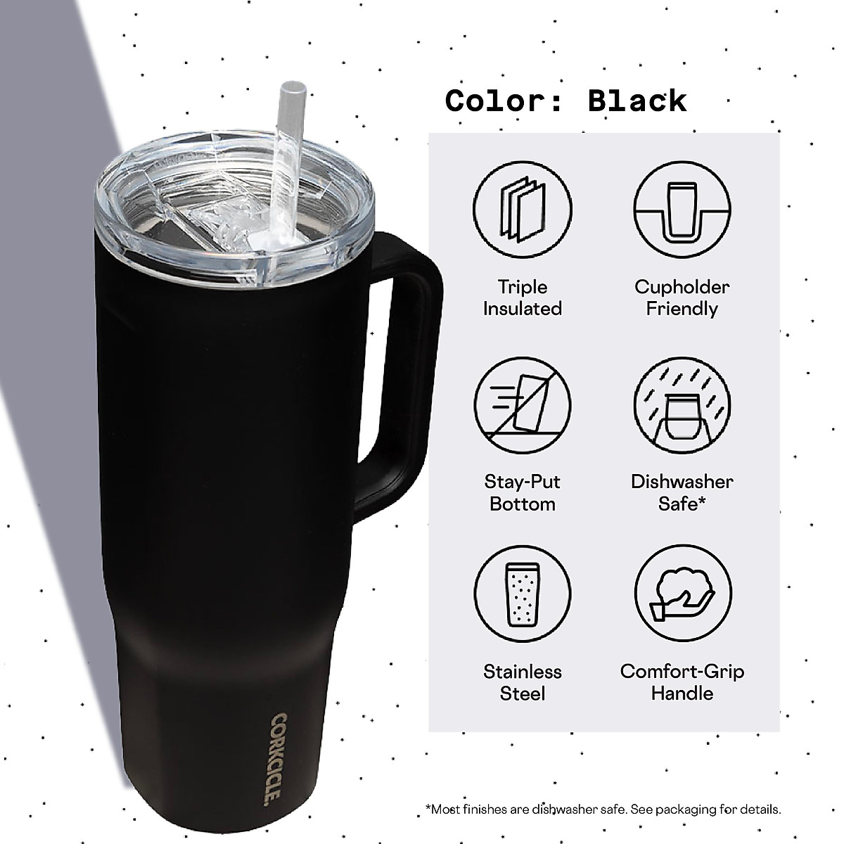 Corkcicle Cruiser Insulated Tumbler with Handle and Straw, Black, 40 oz – Reusable Water Bottle Keeps Beverages Cold for 20 Hours, Hot for 9 Hours – Cupholder Friendly, Spill Proof Tumbler