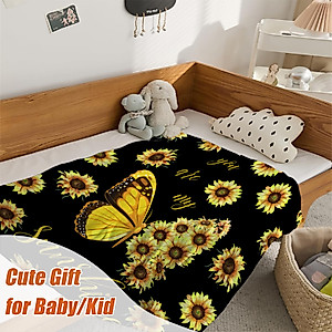 YeeJu Sunflower Kids Throw Blanket Small Yellow Floral Butterfly Blanket Gift for Girls Boys Child Baby Soft Fuzzy Fleece Blankets Black Spring Summer Flower Decorative Print Blanket 40x50