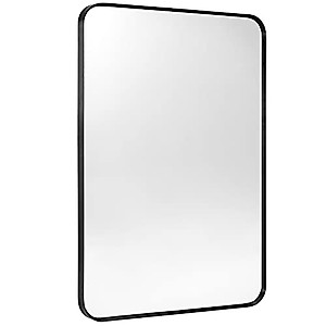 Minuover Wall Mount Mirror for Bathroom, Brush Black Metal Framed Rounded Corner Rectangular Vanity Mirror (24" x 36", Black)