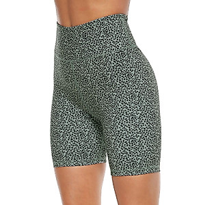 PERSIT Women's High Waist Print Workout Yoga Shorts with 2 Hidden Pockets, Non See-Through Tummy Control Athletic Shorts Bean Green Leopard